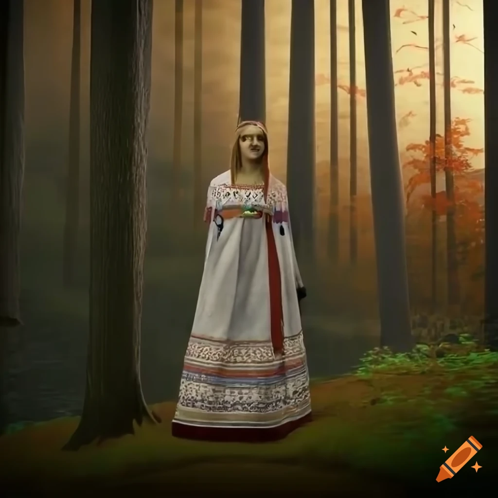 Mystical Slavic Christian woman in traditional attire by a mountain ...