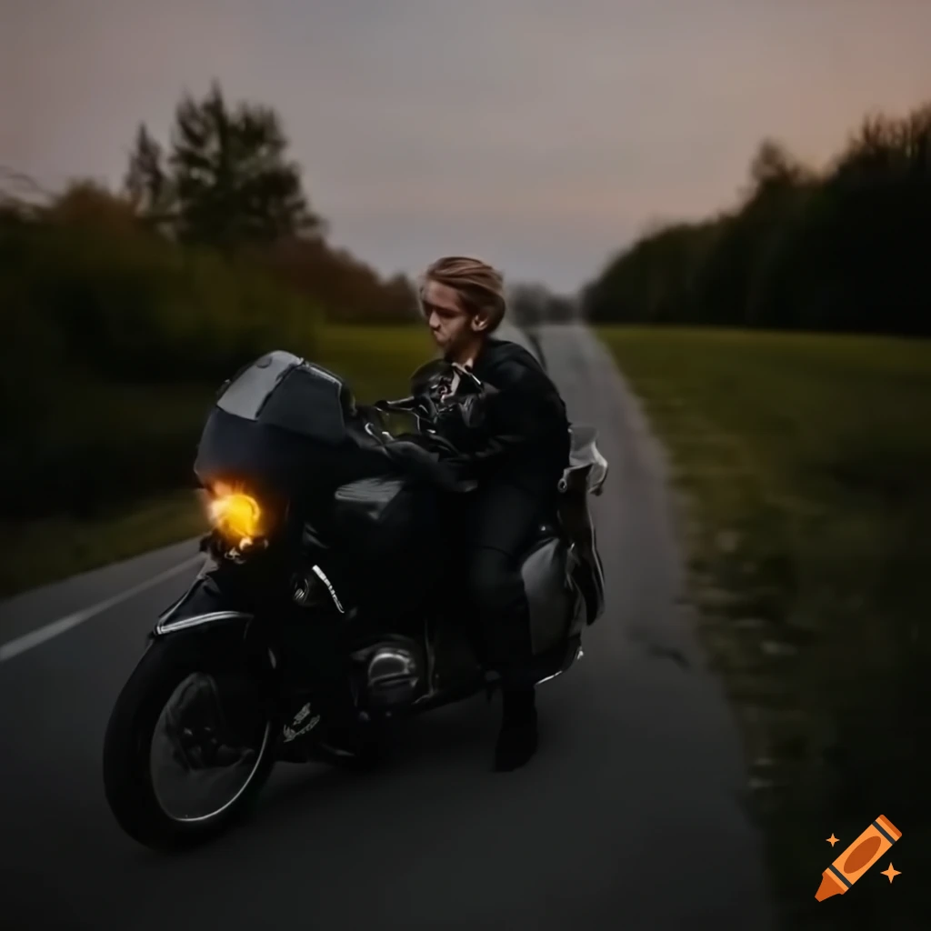 Blonde transgender man with short hair riding a motorcycle in the ...