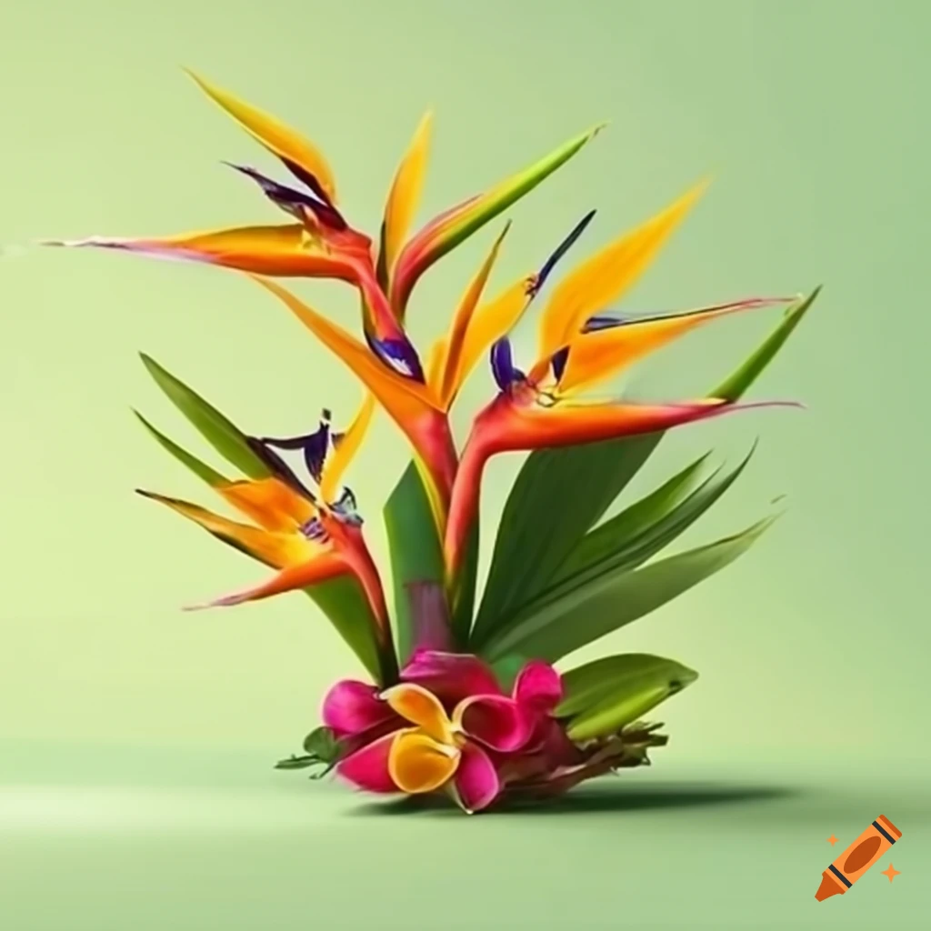 Tropical floral arrangement with bird of paradise, dendrobium, and ...