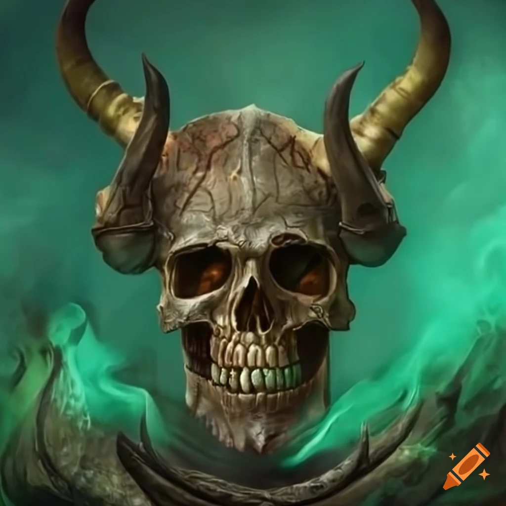 Iron skull of melgornath with flaming green horns on Craiyon