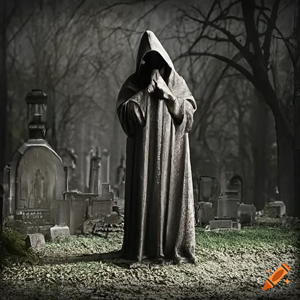 Hooded medieval priest skull statue in a graveyard on Craiyon