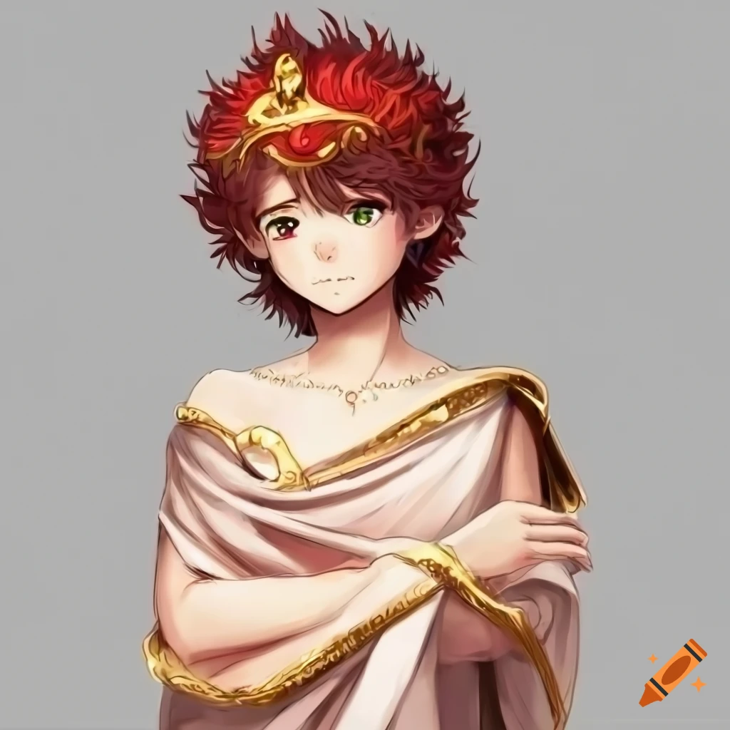 Fluffy-haired Anime boy in ancient Greek God outfit striking a pose on ...