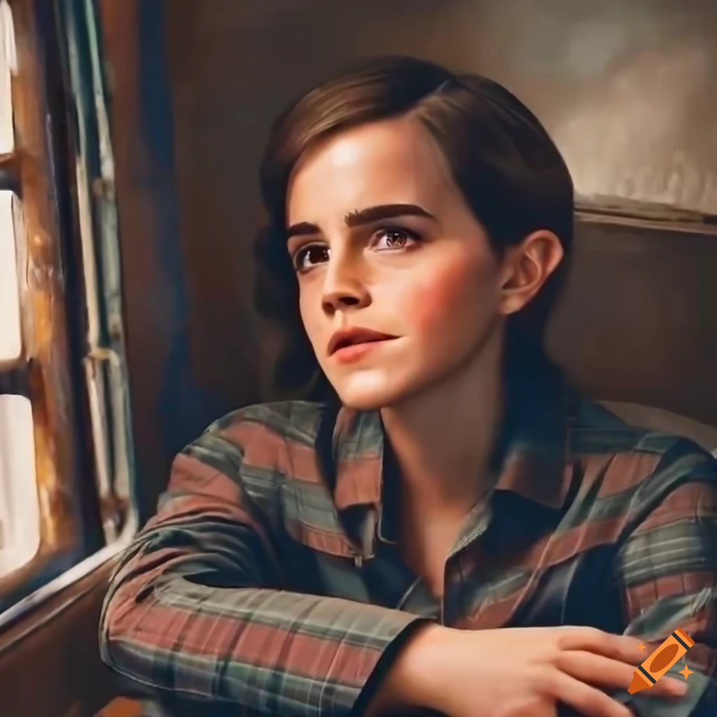 Actress Emma Watson at age 20 wearing country plaid shirt and high ...