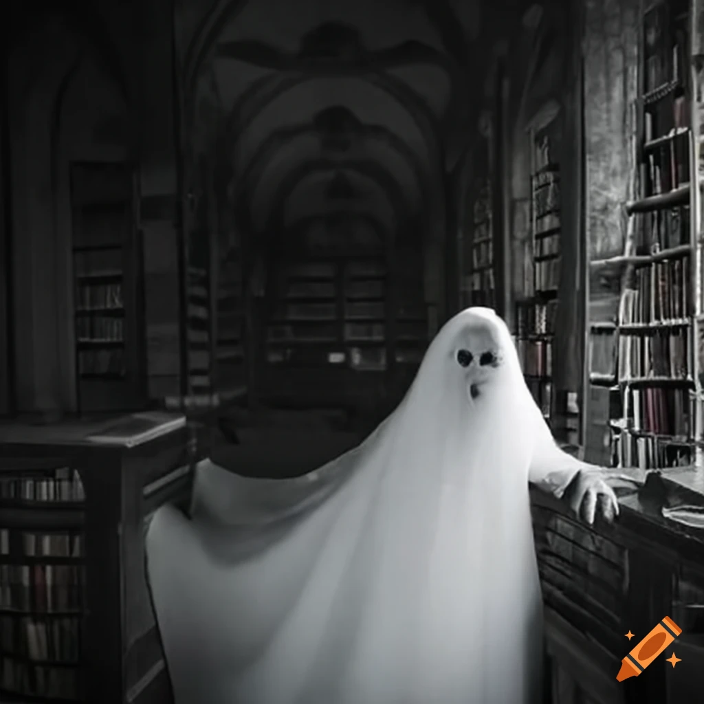 Two spooky white sheet ghosts reading in a haunted library on Craiyon