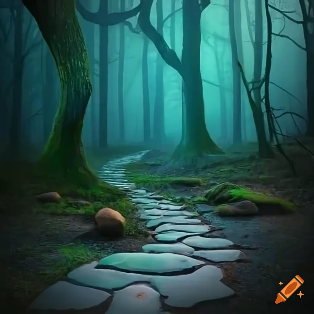 Stone path through an enchanted magical forest at evening on Craiyon