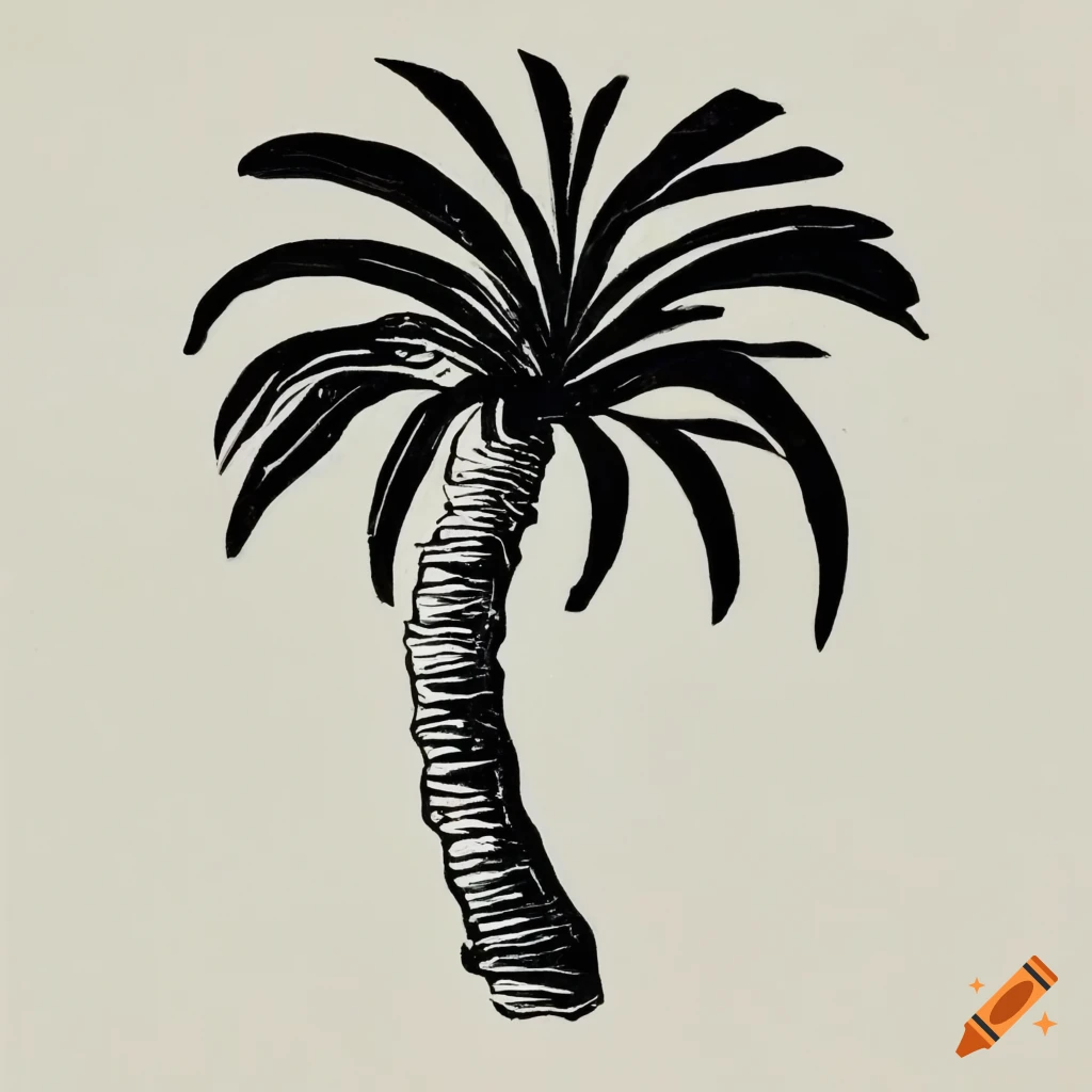 Palm tree with the moon in lino print style on Craiyon