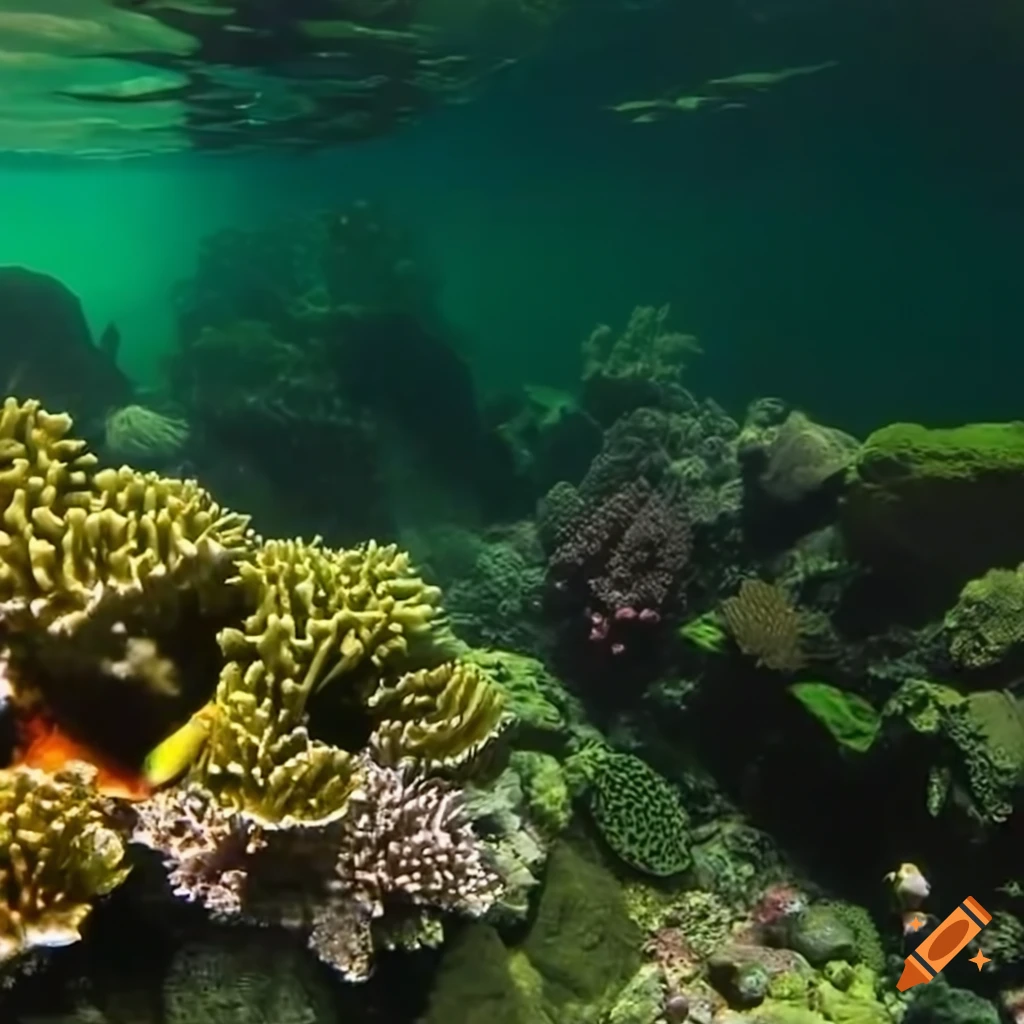 Remote saltwater lake in a lush underwater realm with vibrant fish and ...