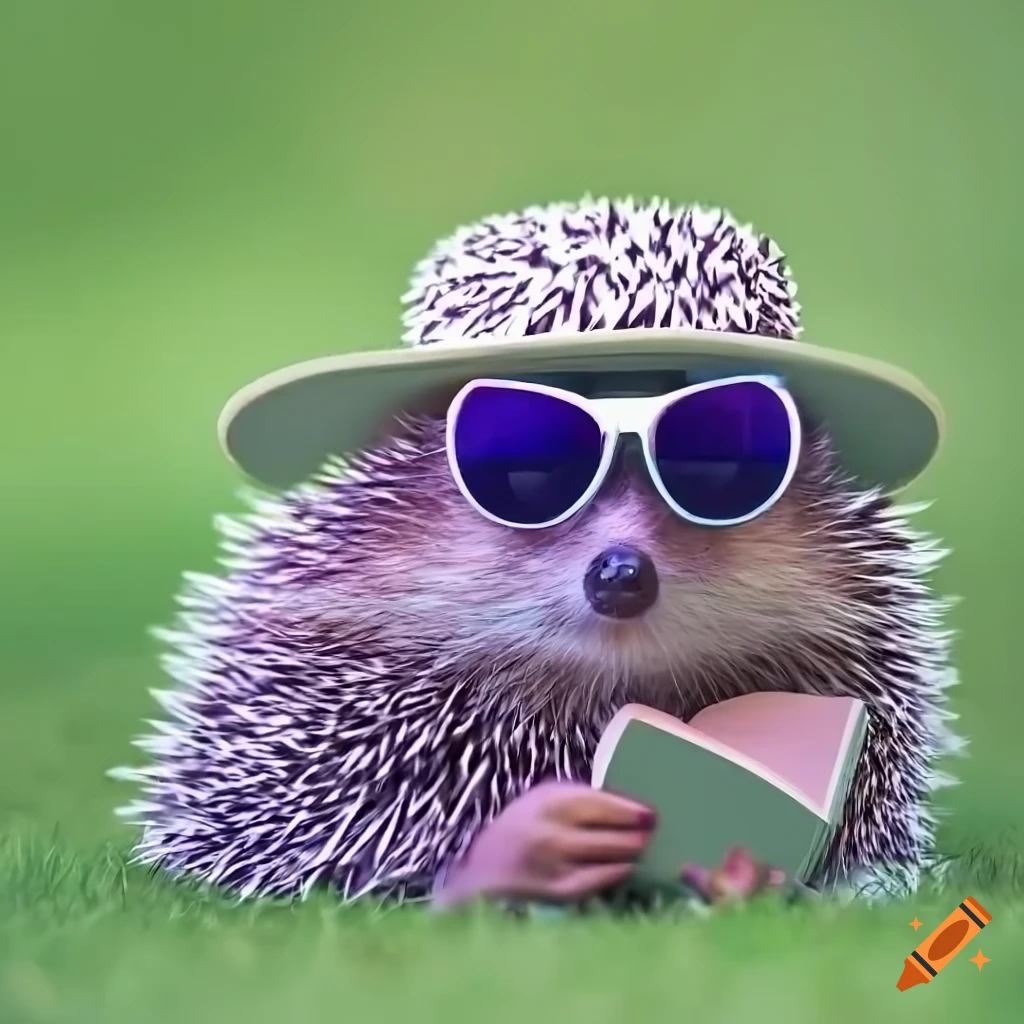 Cute hedgehog with sun hat and sunglasses reading a book on grass on ...