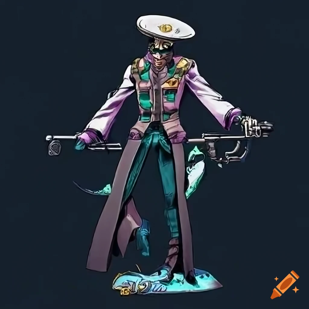 Illustration of a jojo stand with a suit, old machine gun, and hat on ...