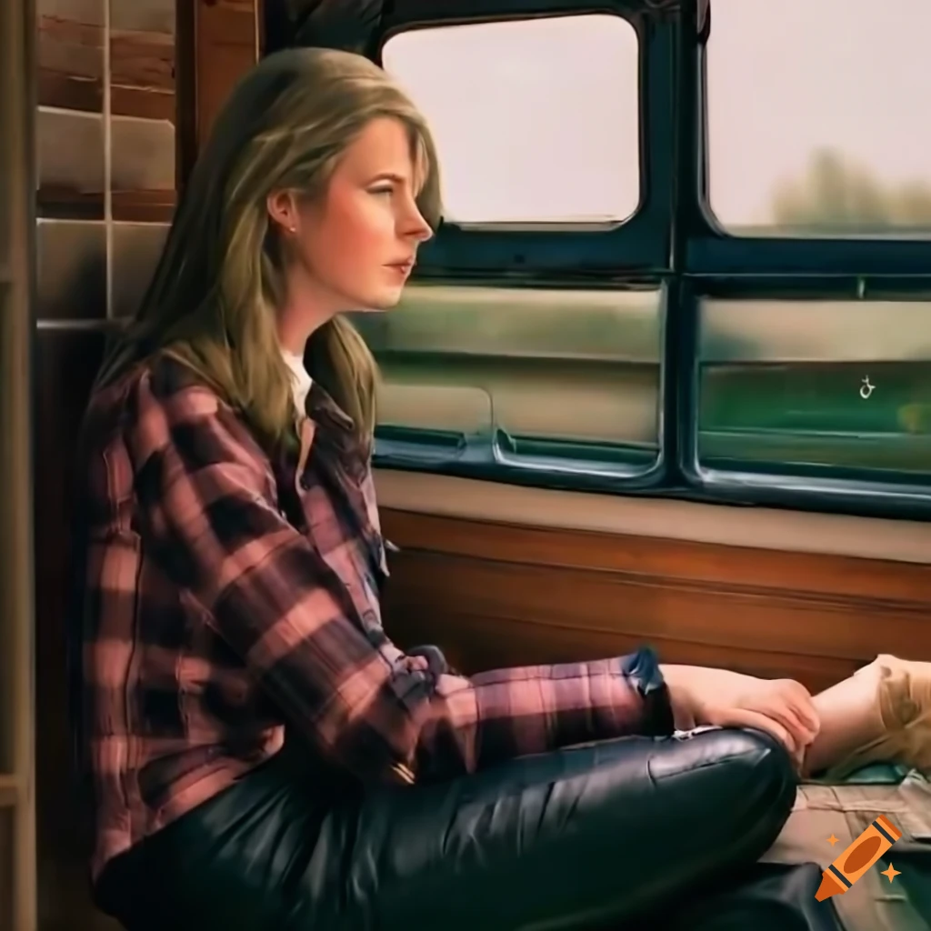 British actress Nikki Sanderson in country plaid shirt and black leather trousers sitting in a ...