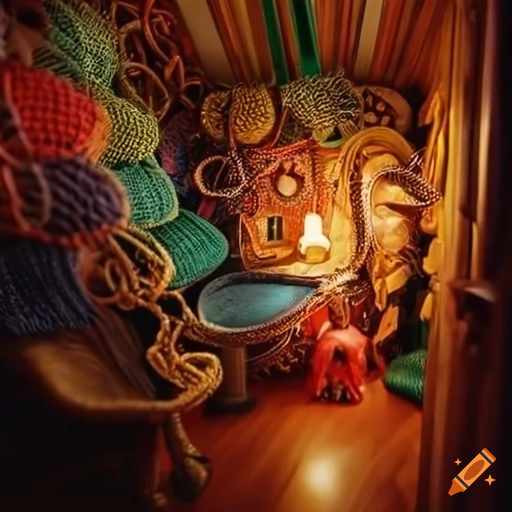 Interior of a cute home made entirely of chainmail on Craiyon