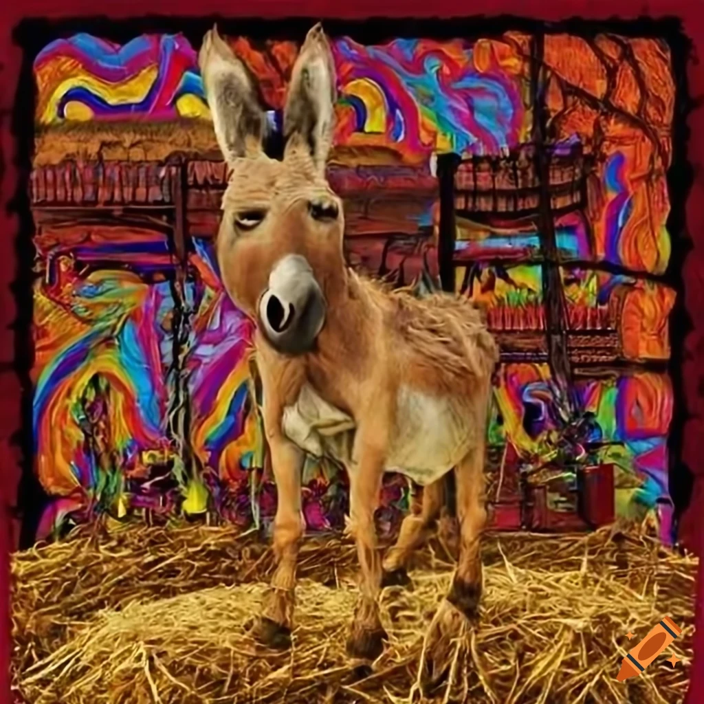 Crippled donkey surrounded by psychedelic barn straw in hyper-realistic ...