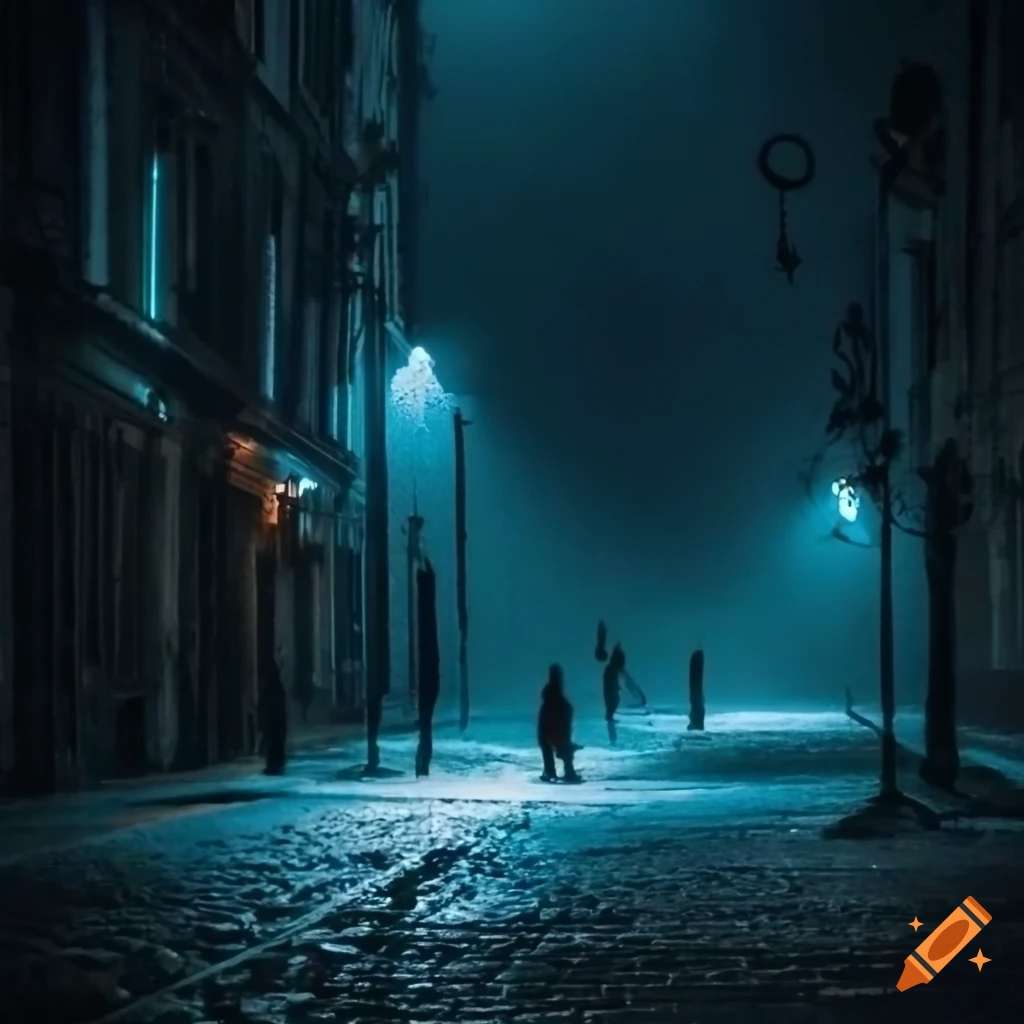 Late night footpath scene with light rain, people passing, and a man ...