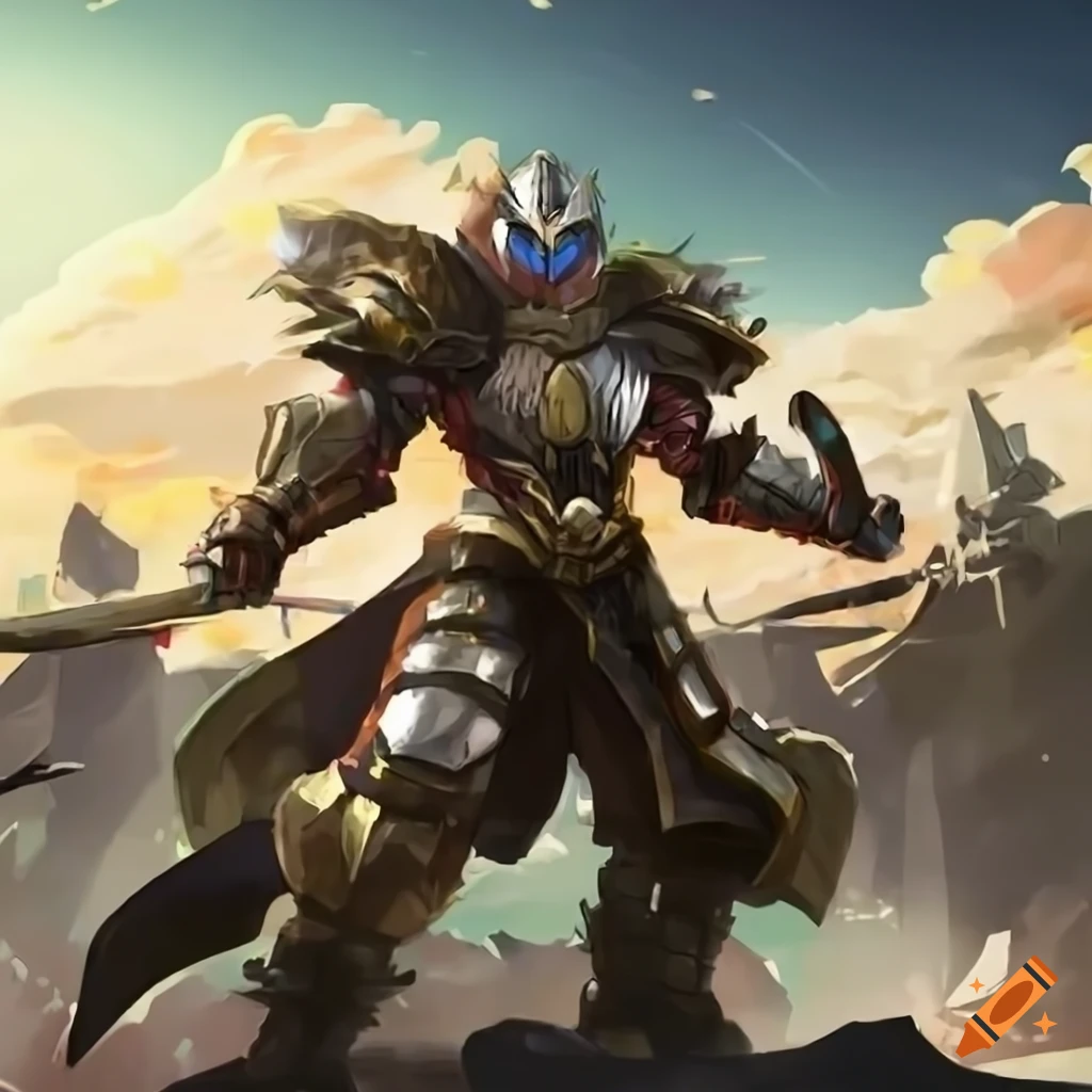 Warrior wearing heavy machinery themed armor in a fantasy anime art on ...