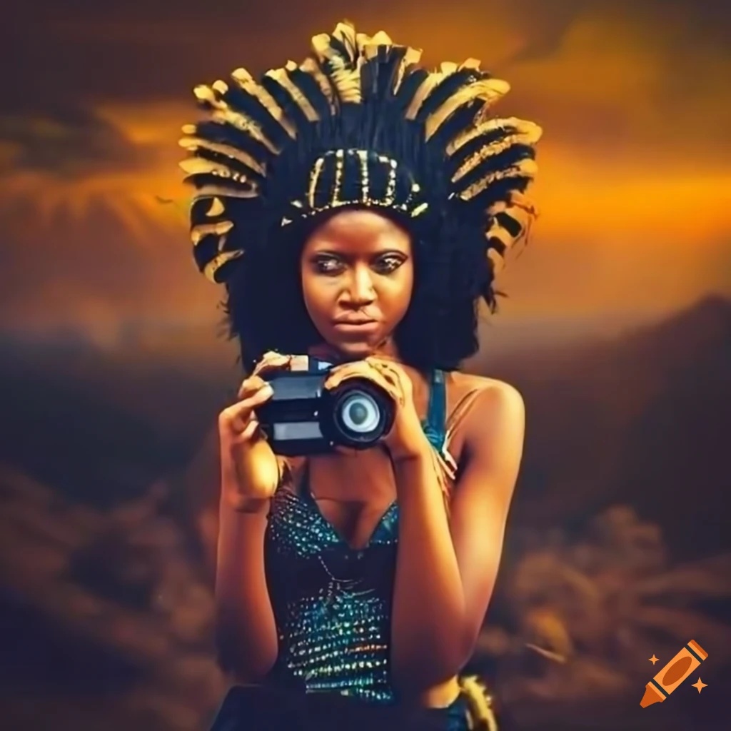 Young African American woman with black and gold bear headdress capturing nature on Craiyon
