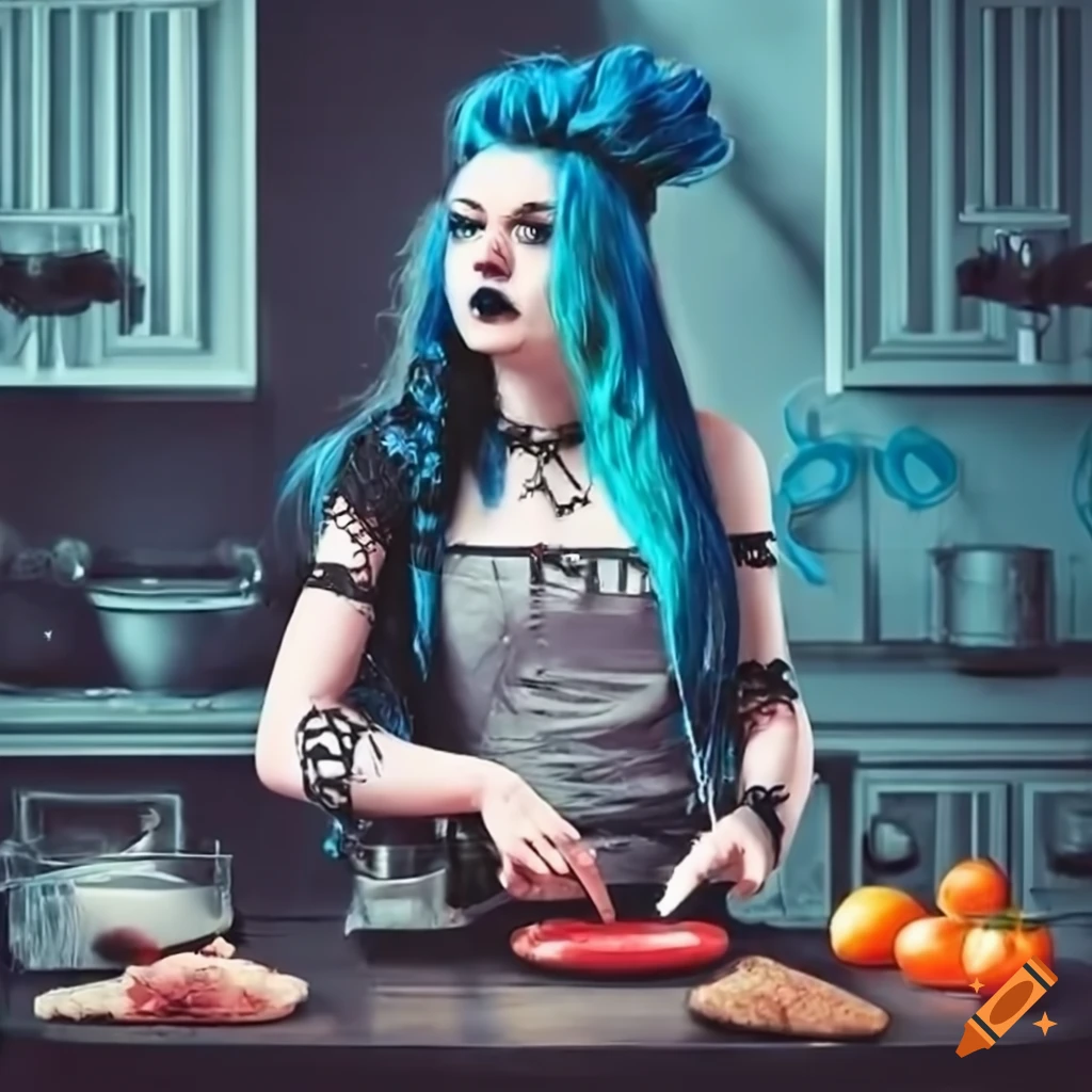 Goth girl with blue hair cooking in the kitchen on Craiyon