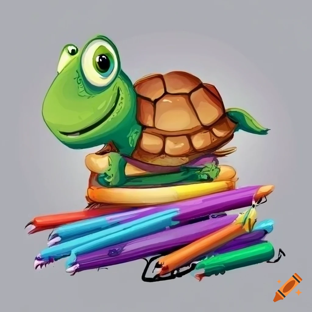 Illustration of a turtle on a pile of colored pens on Craiyon