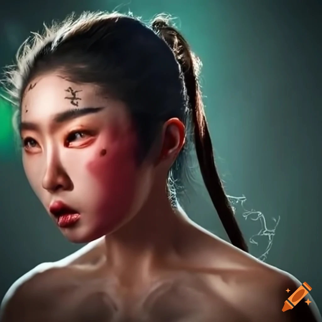 Asian female martial arts fighter with a dizzy expression on Craiyon