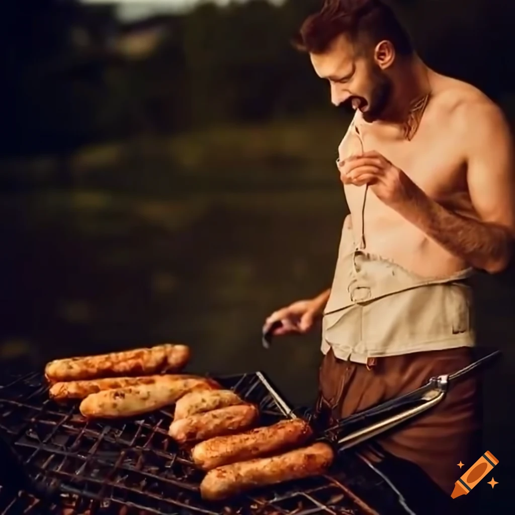 Smiling grill master cooking a sausage on the grill on Craiyon