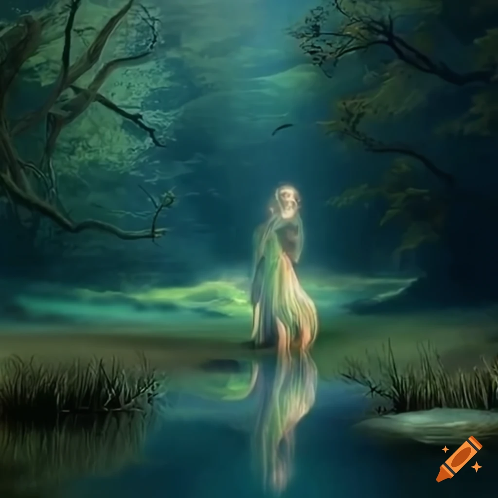Ethereal figure of a woman emerging from a mountain lake in a timeless ...