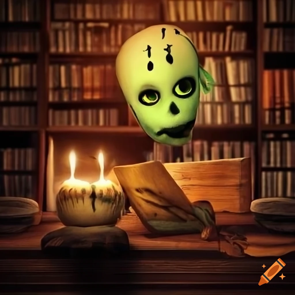 Spooky scene in a cozy library on Craiyon