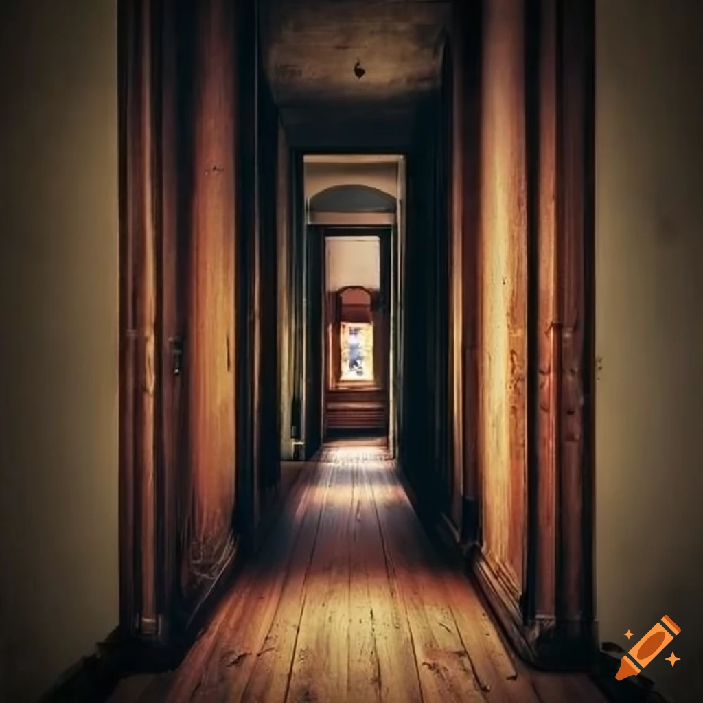 Long old hallway with doors and staircase on Craiyon