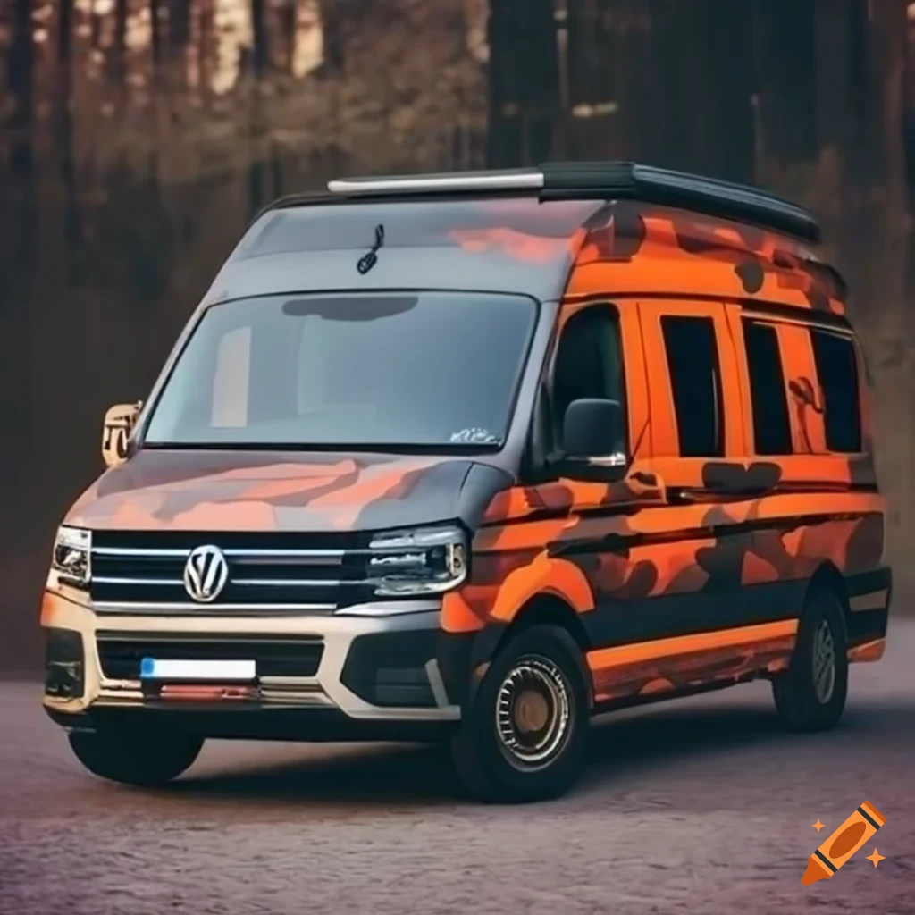 Orange, grey, and black camo camper van volkswagen crafter on Craiyon
