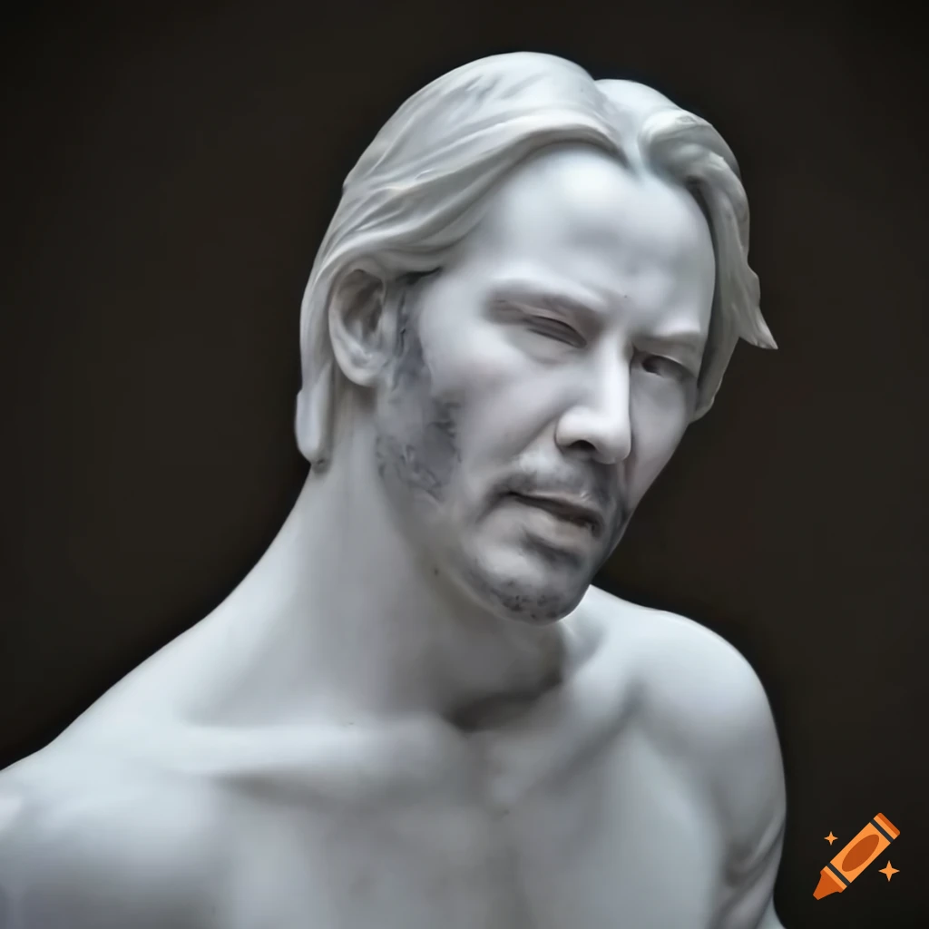 White marble statue of keanu reeves with translucent eyes on Craiyon
