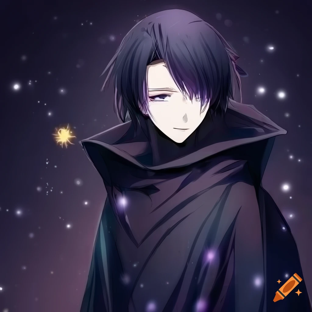 Mysterious and handsome anime boy in a dark cloak with a starry design ...