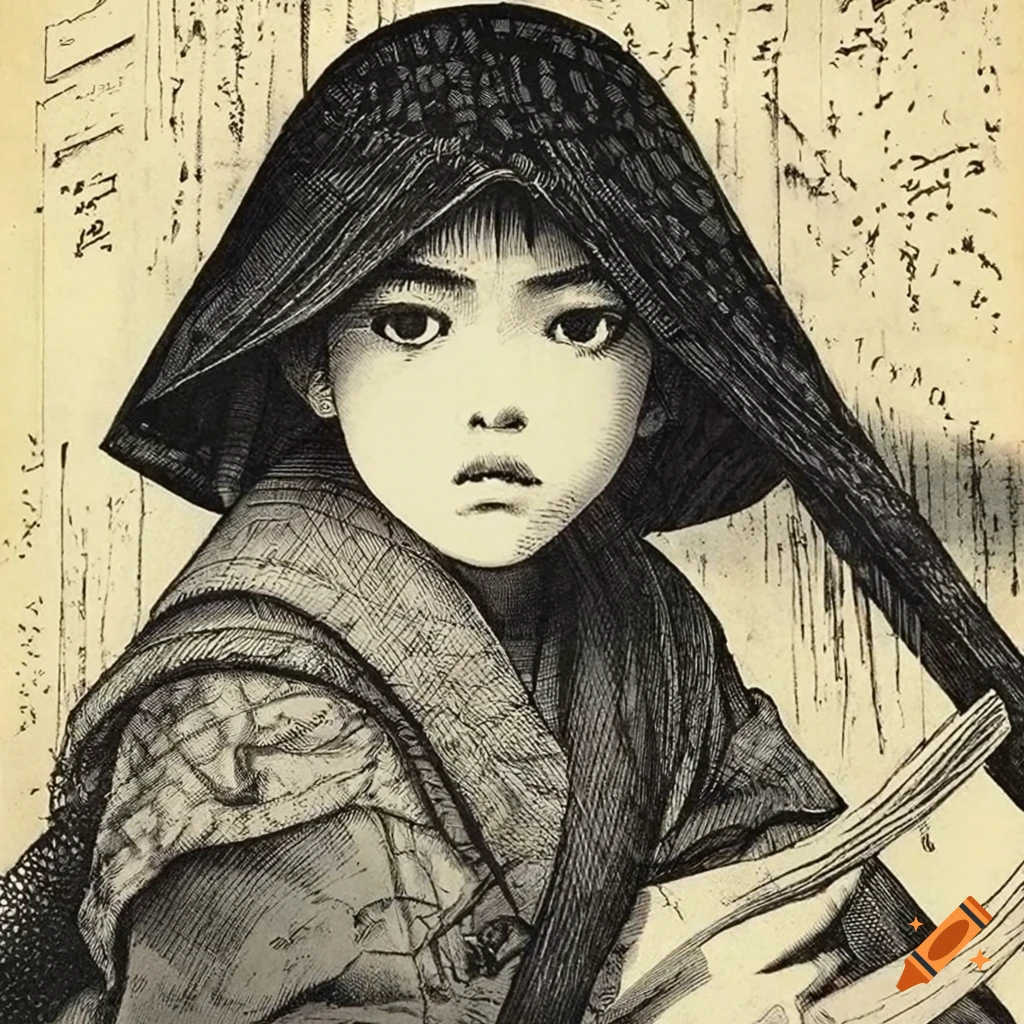 Vintage black and white manga style illustration from an old retro ...