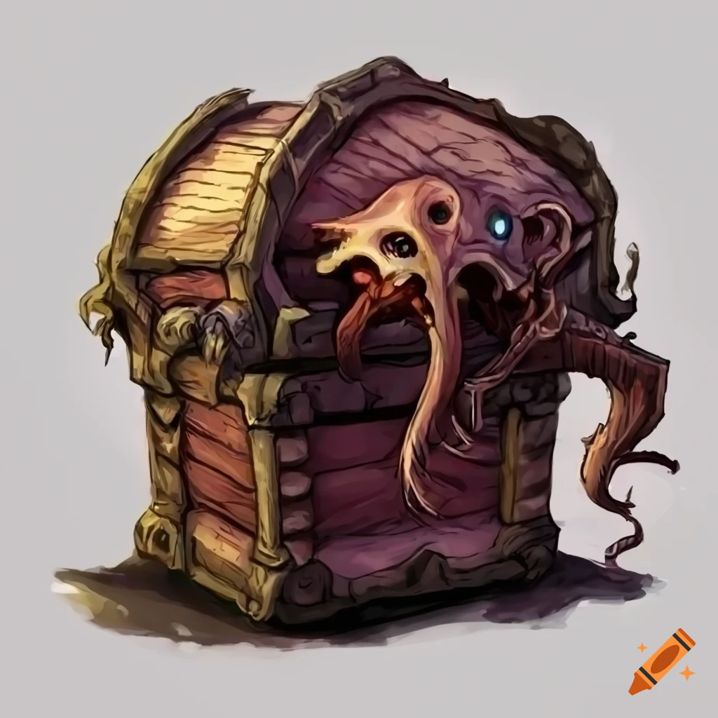 Open mimic chest with pointed teeth in a fantasy RPG setting on Craiyon
