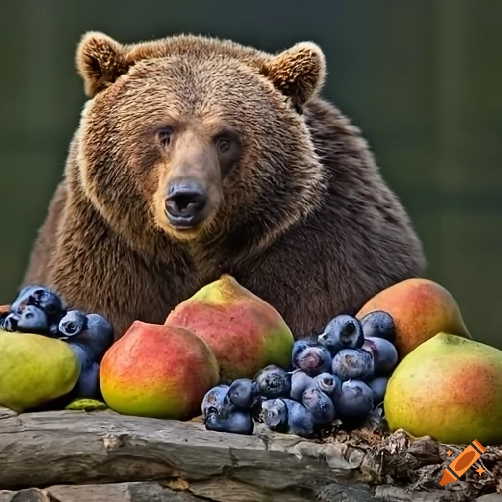Bear surrounded by pears and blueberries on Craiyon