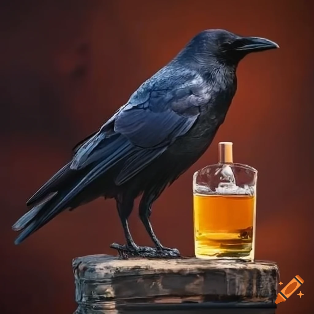 Crow standing next to a liquor bottle on Craiyon