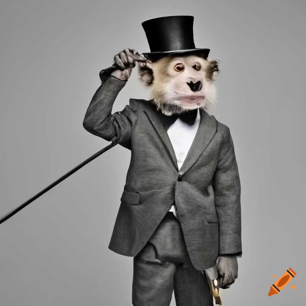 Dapper monkey wearing a top hat and suit with a cane on Craiyon