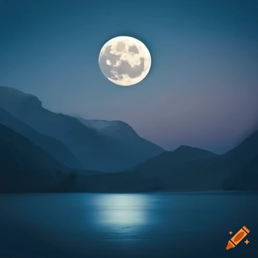 Moon shining over mountains and water on Craiyon