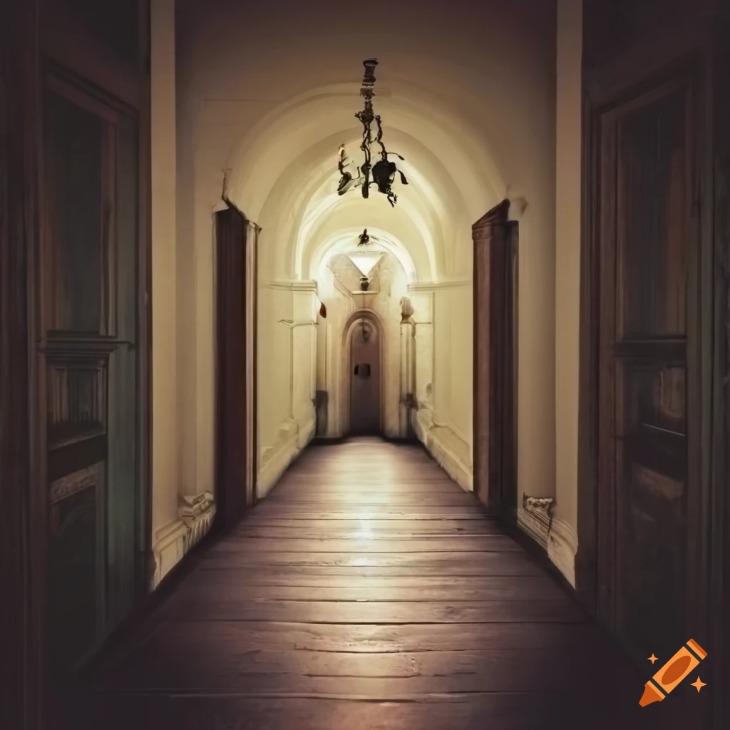 Long old hallway with doors and staircase on Craiyon