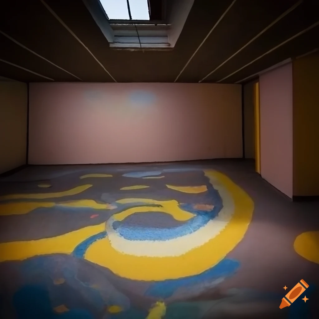 Liminal space with yellow walls, balloon drawings, and children's ...