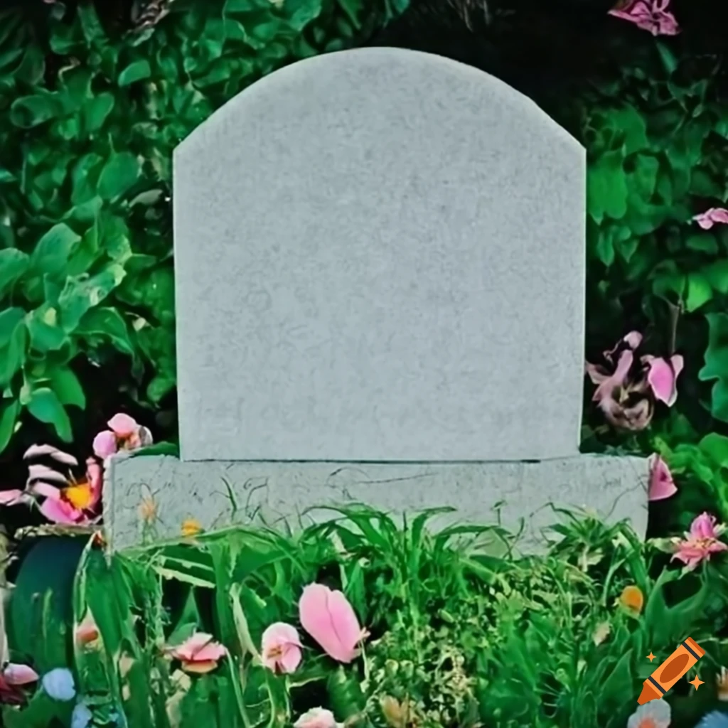 Blank headstone surrounded by flowers on Craiyon