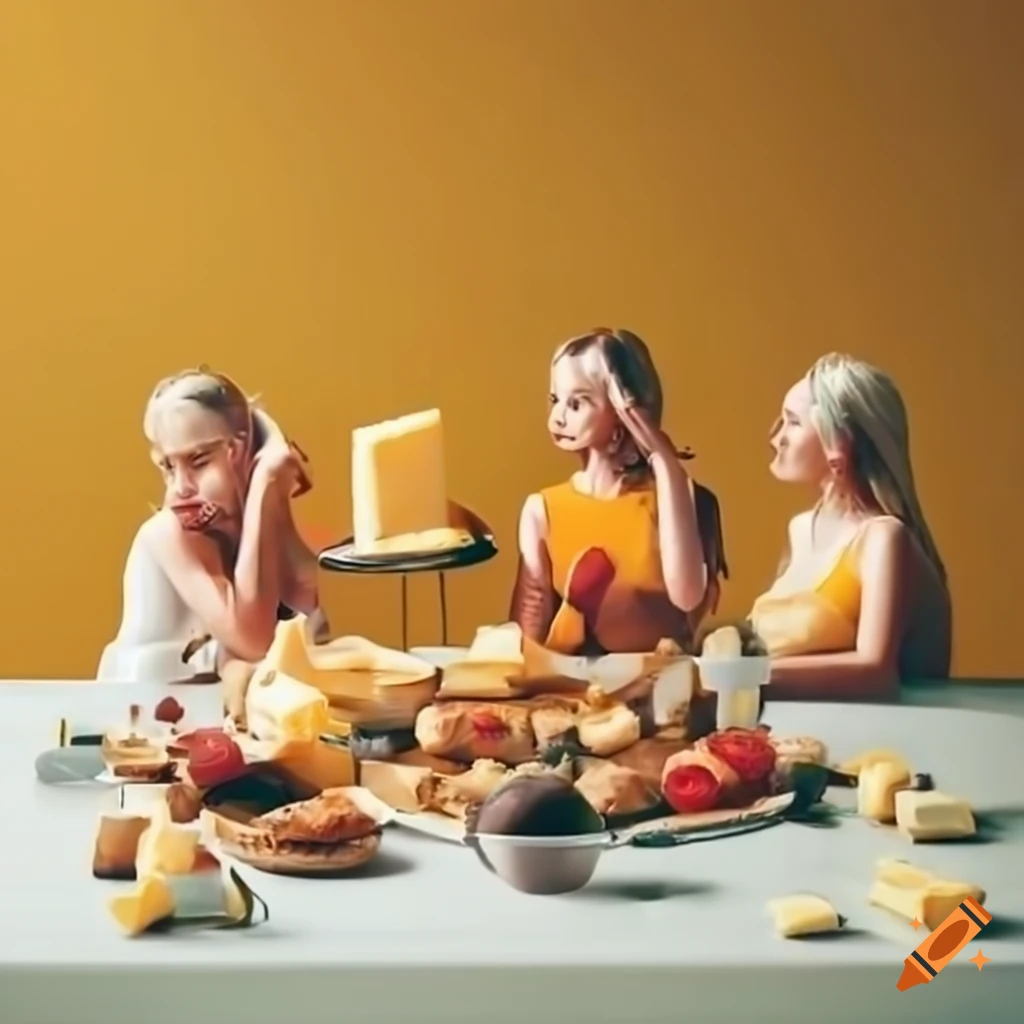 Friends enjoying a table full of tasty cheese on Craiyon