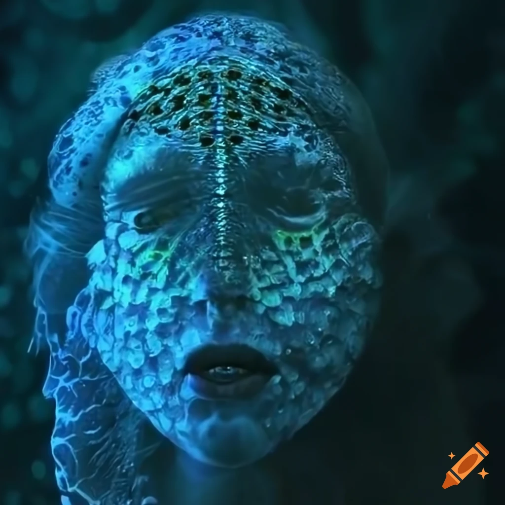 Close-up of a biopunk mermaid showcasing bioluminescent scales, gills ...