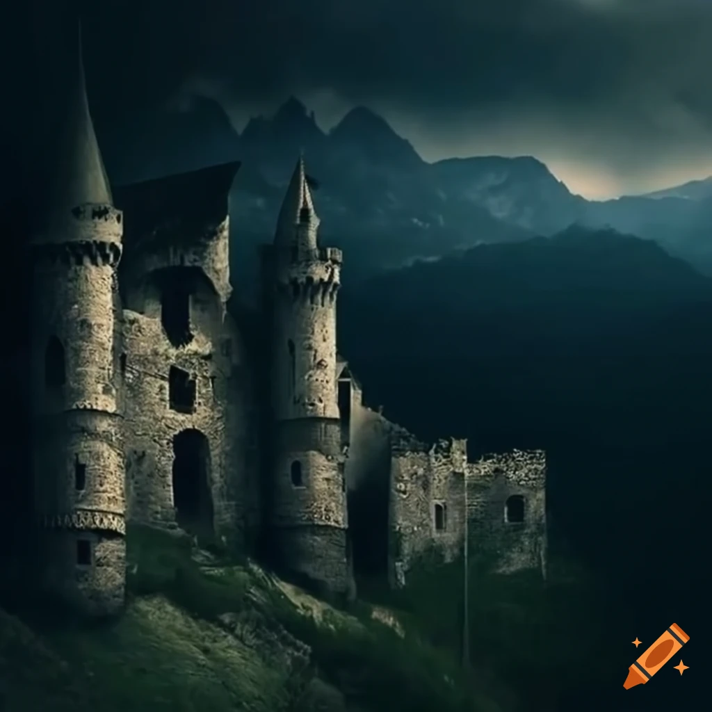 Spooky abandoned medieval castle with crumbling walls on a mountain ...