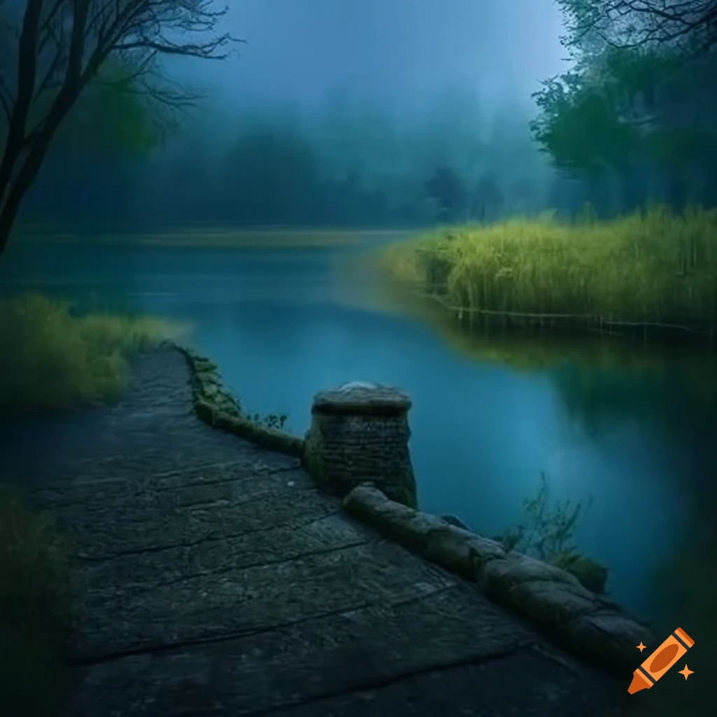 Small moat leading along a wide path in an early evening enchanted ...