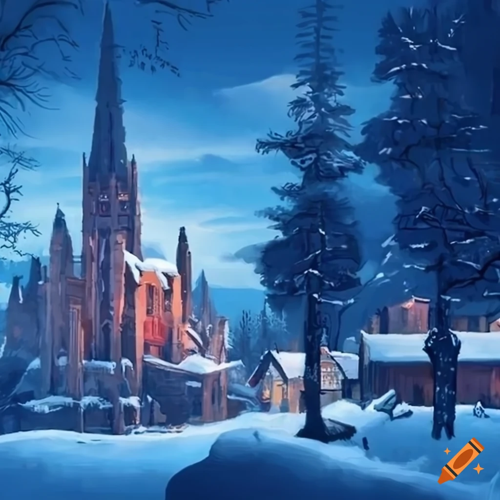 Snowy town in a mythical setting on Craiyon