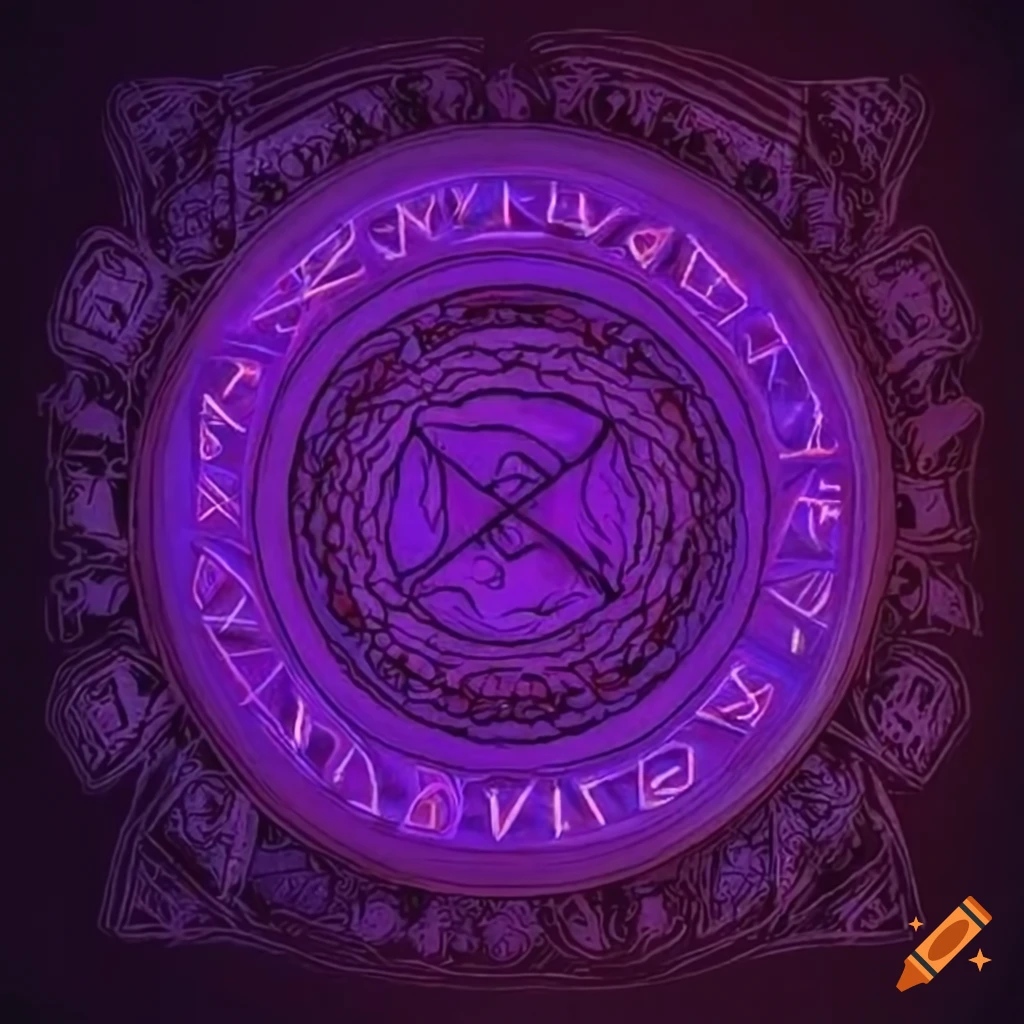 Front view of a line art ritual scroll with central ritual circle and ...