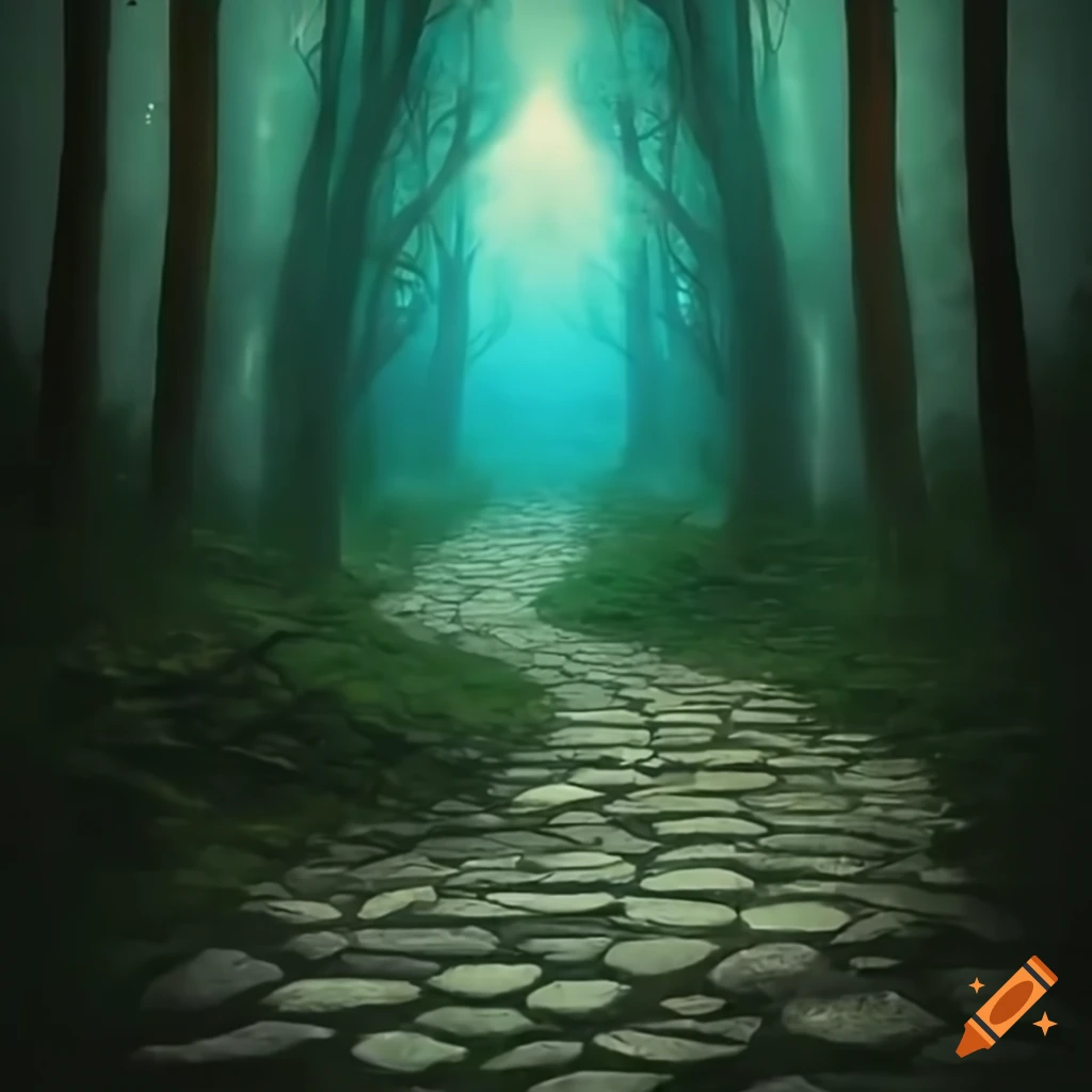 Stone path through an enchanted magical forest in the evening on Craiyon