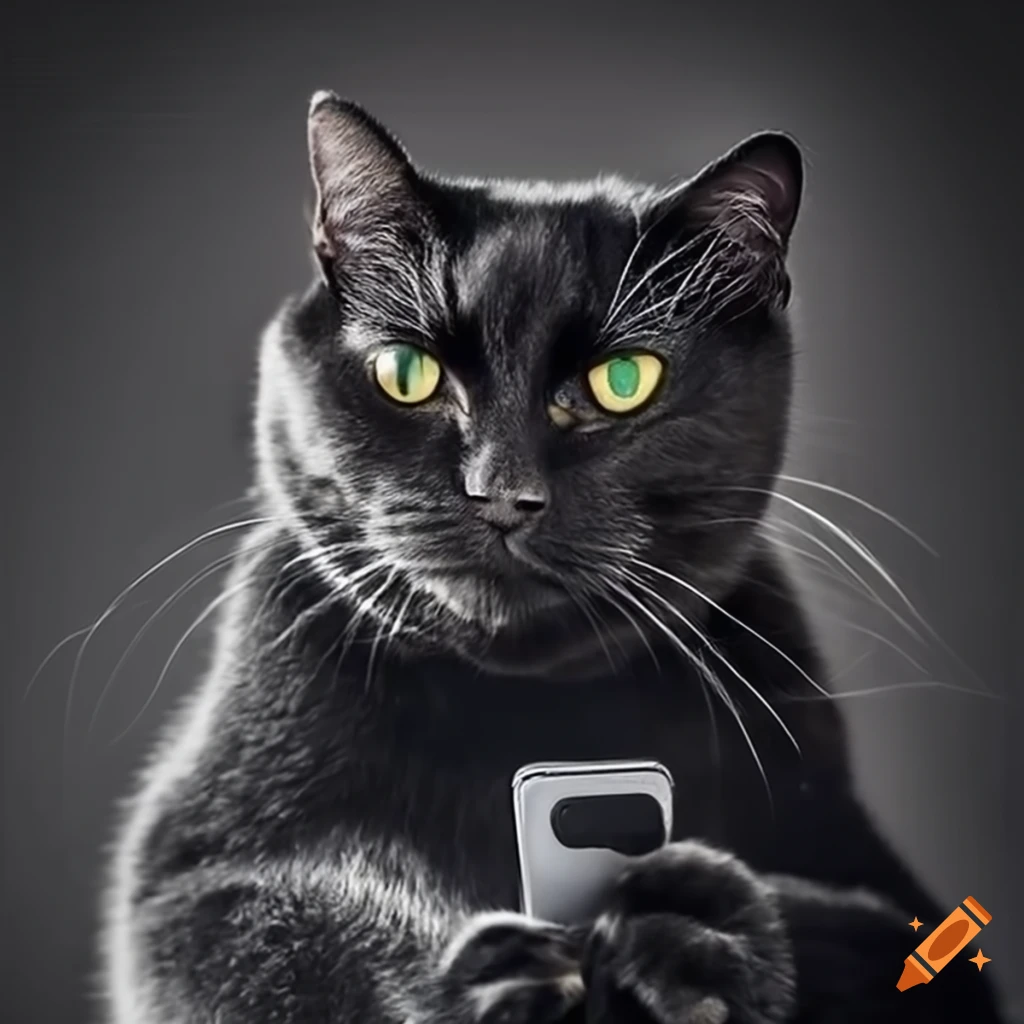 Black cat with iphone in front of mirror on Craiyon
