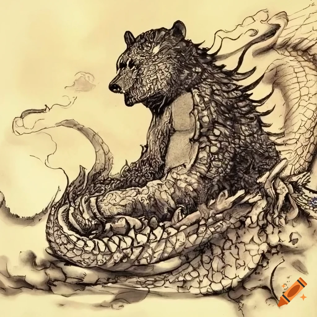 Buddhist ink drawing of bear fighting dragons on Craiyon