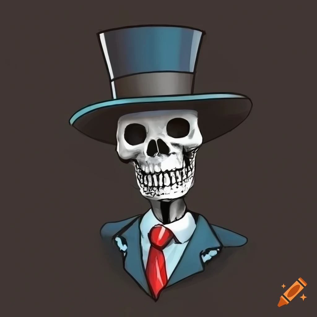 Elegant skeleton wearing a top hat and suit on Craiyon