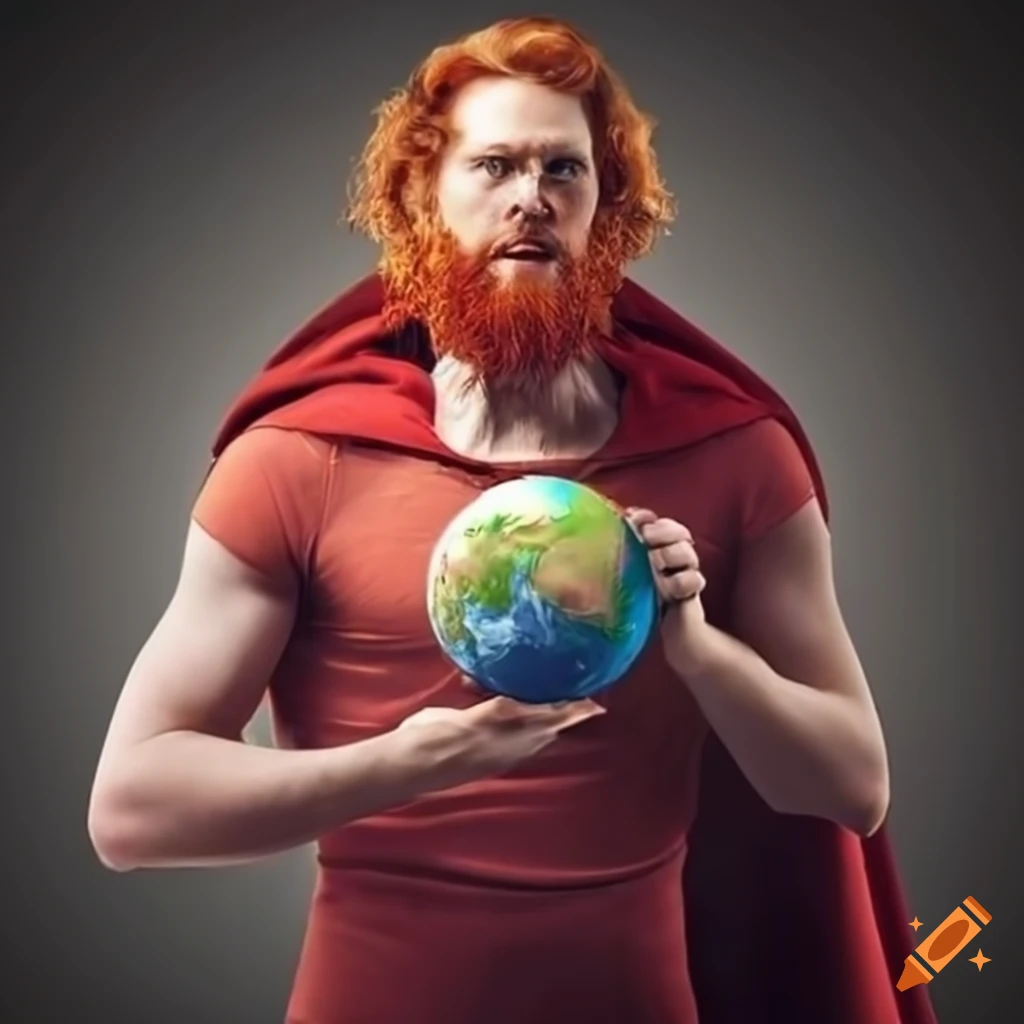 Redhead male hero with beard holding the earth in his hand on Craiyon