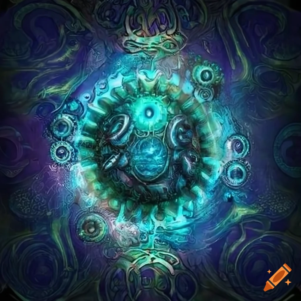 Formless mass of eyes, gears, and runic symbols representing a deity of ...